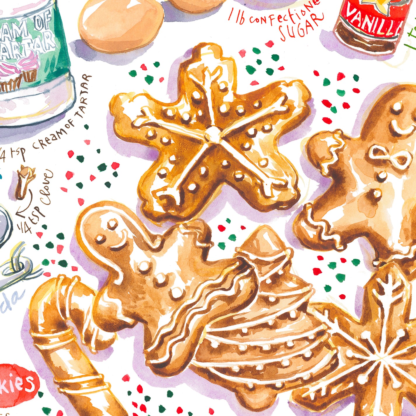 Gingerbread Cookies recipe poster, Christmas watercolor biscuits print – LucilesKitchen