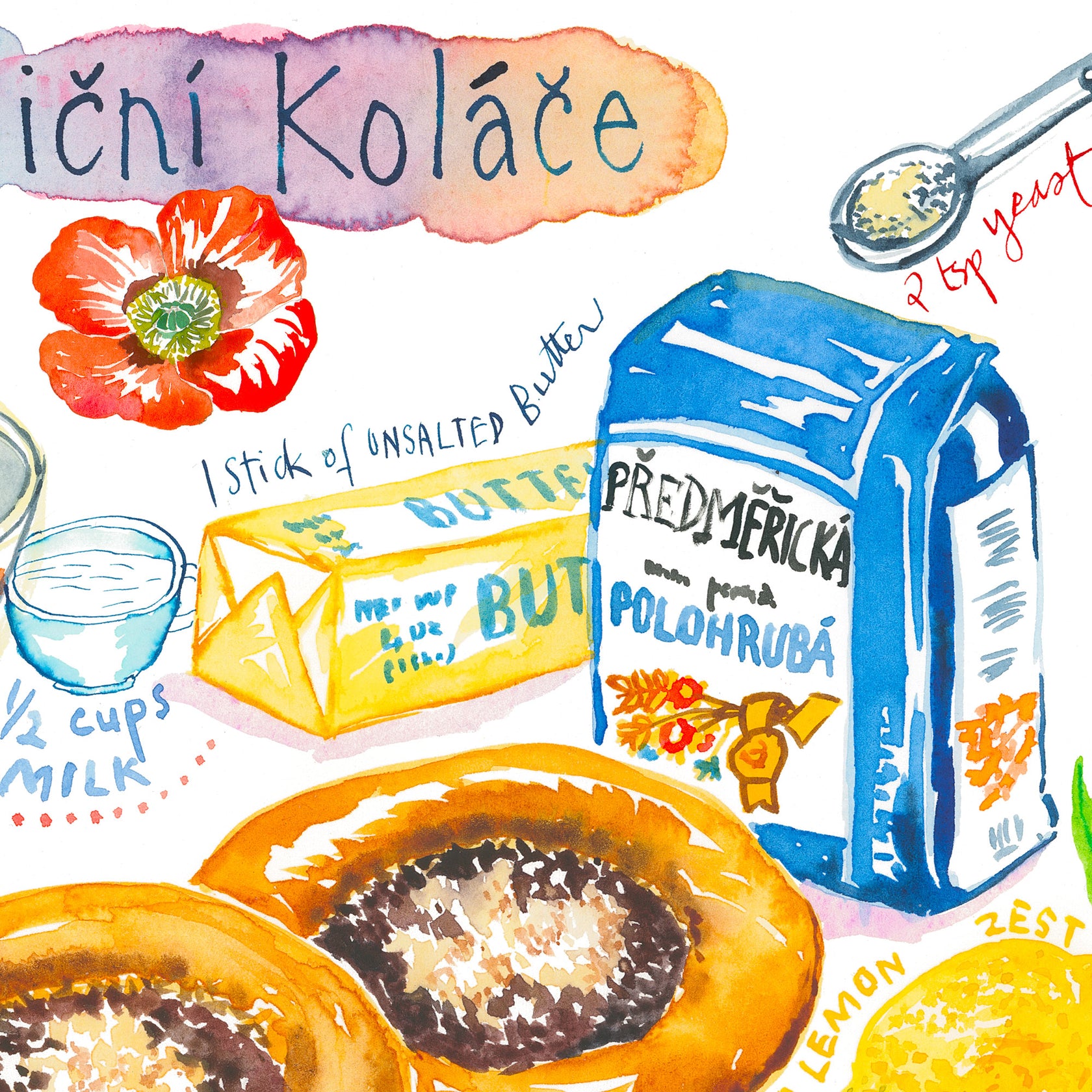 Czech Kolache watercolor recipe print, Eastern Europe food illustration ...