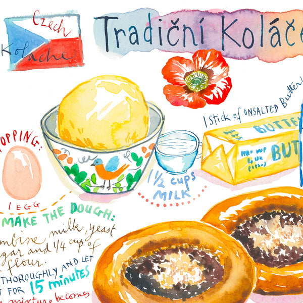 Czech Kolache watercolor recipe print, Eastern Europe food illustration ...
