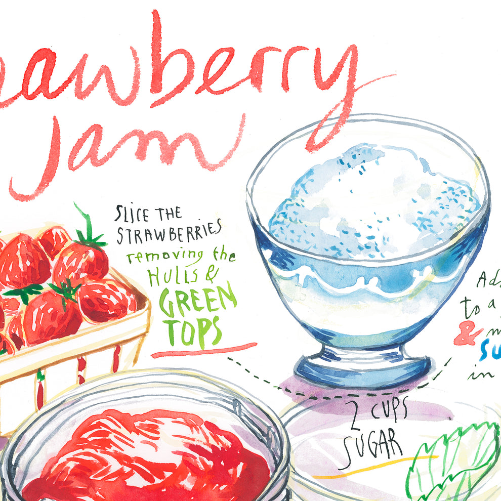 Strawberry Jam recipe watercolor painting poster, Fruit jelly print ...