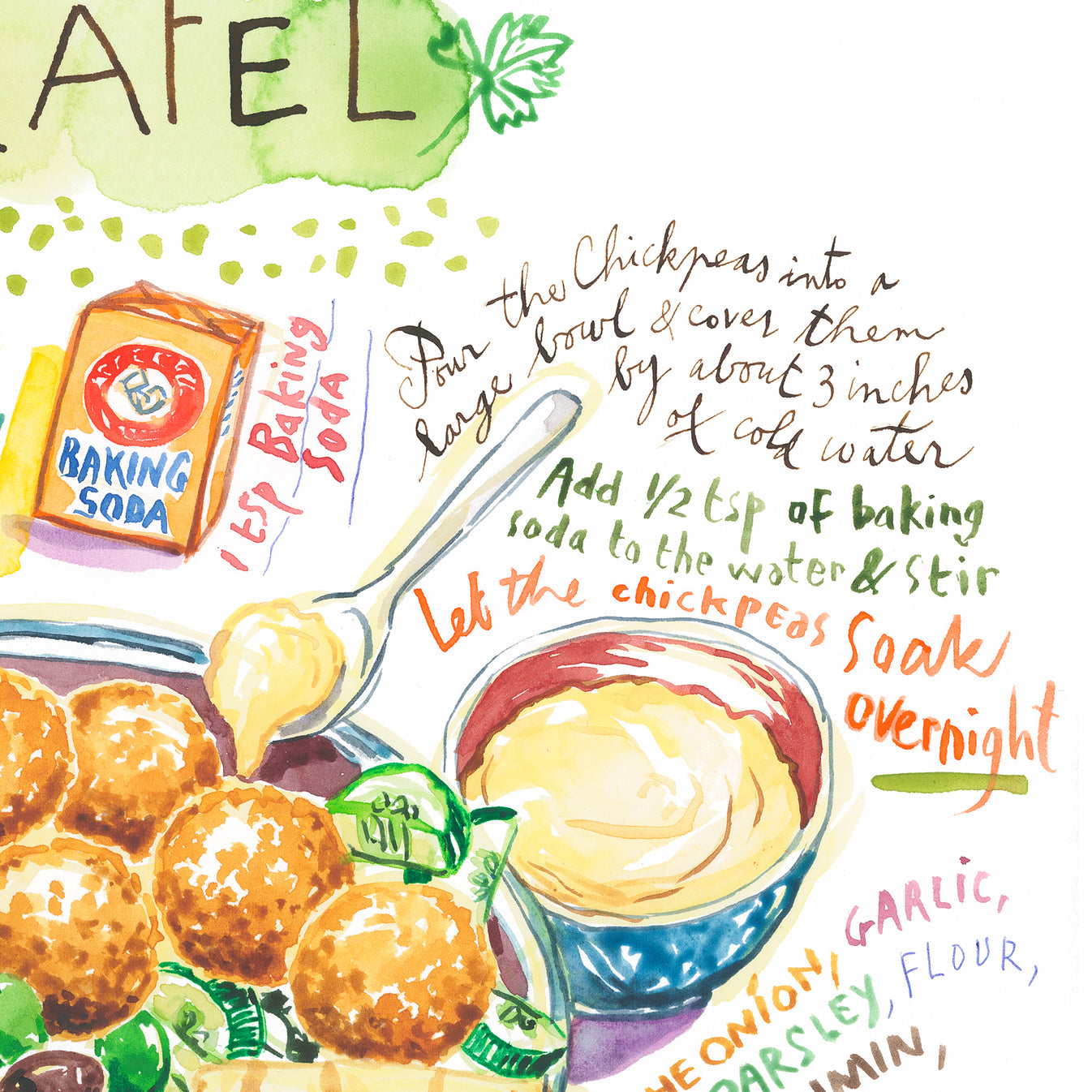 Falafel watercolor recipe poster, Middle-Eastern cuisine print ...