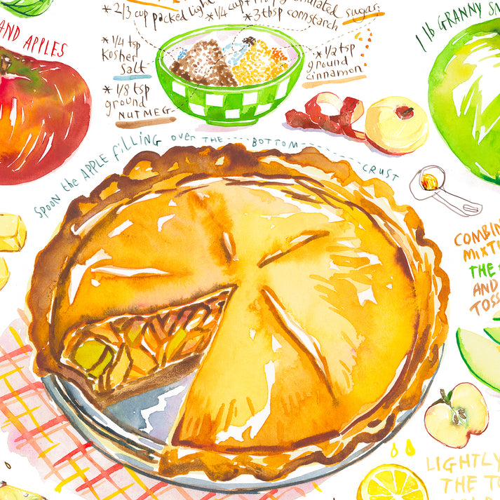 Apple Pie watercolor recipe illustration poster Food art Kitchen print ...