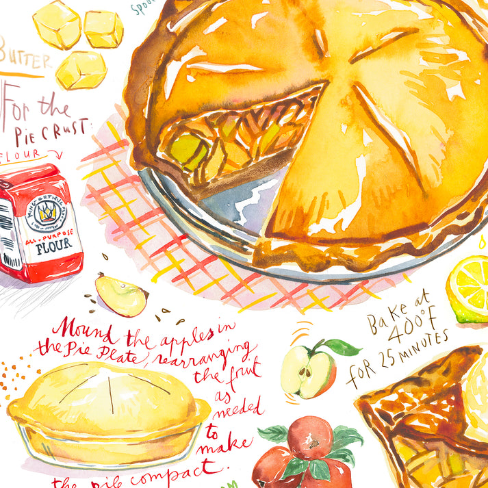 Apple Pie watercolor recipe illustration poster Food art Kitchen print ...