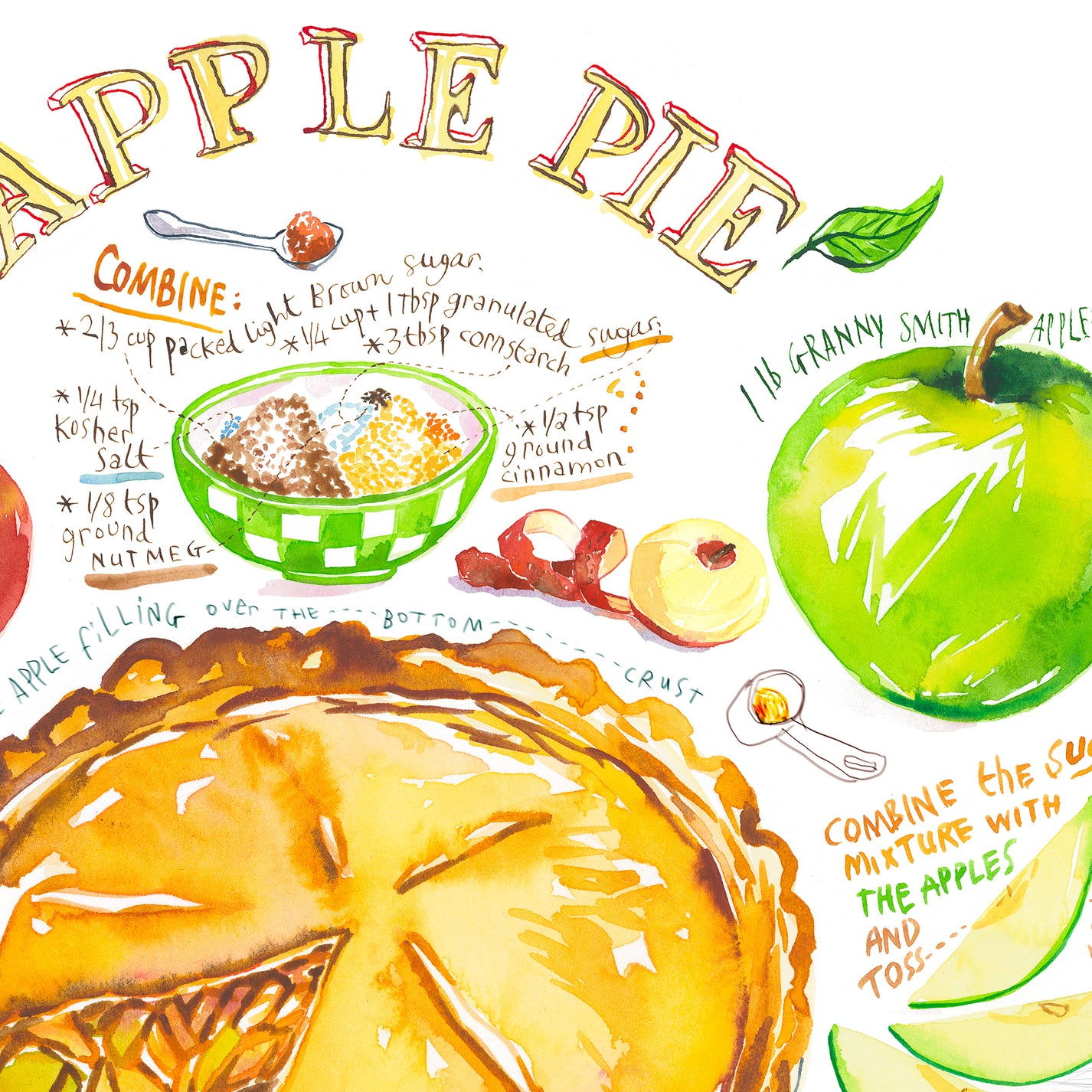 Apple Pie watercolor recipe illustration poster Food art Kitchen print ...