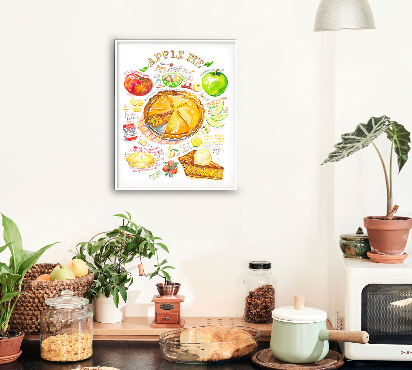 Apple Pie watercolor recipe illustration poster Food art Kitchen print ...