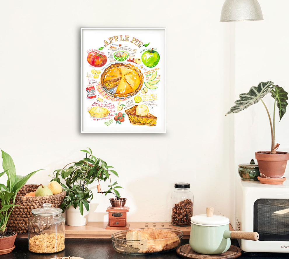 Apple Pie watercolor recipe illustration poster Food art Kitchen print ...