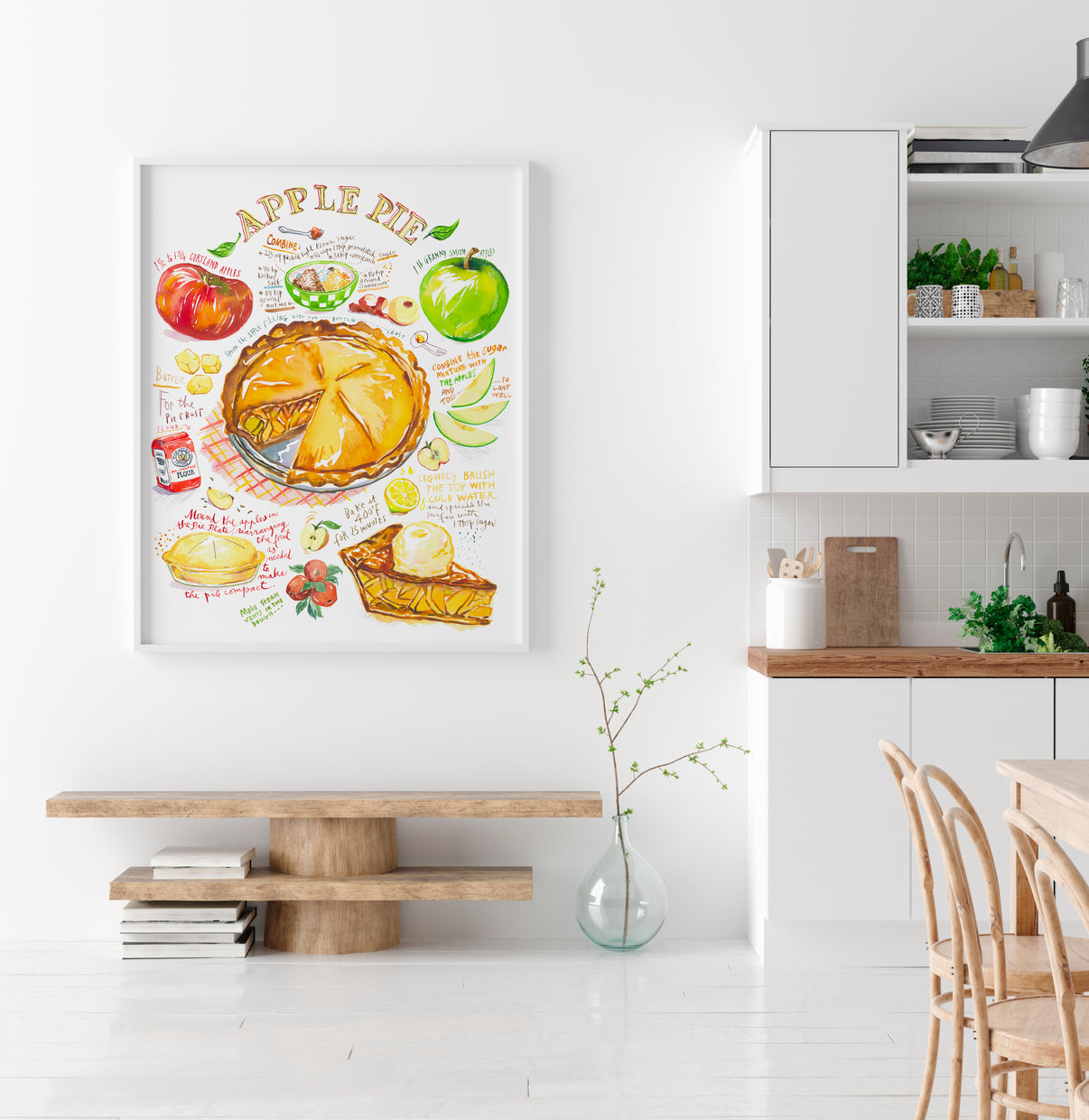 Apple Pie watercolor recipe illustration poster Food art Kitchen print ...