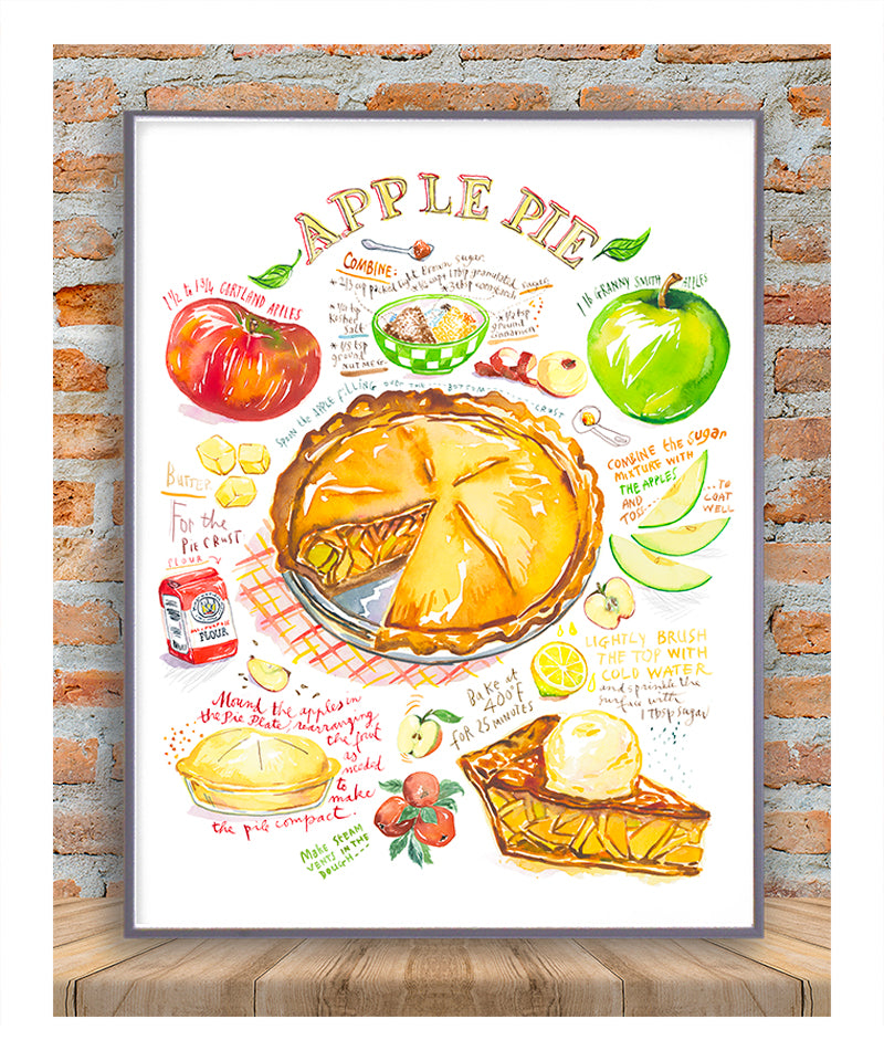 Apple Pie watercolor recipe illustration poster Food art Kitchen print ...