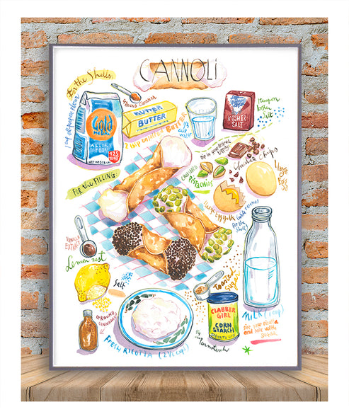 Sicilian Cannoli watercolor recipe fine art print, Italian bakery ...