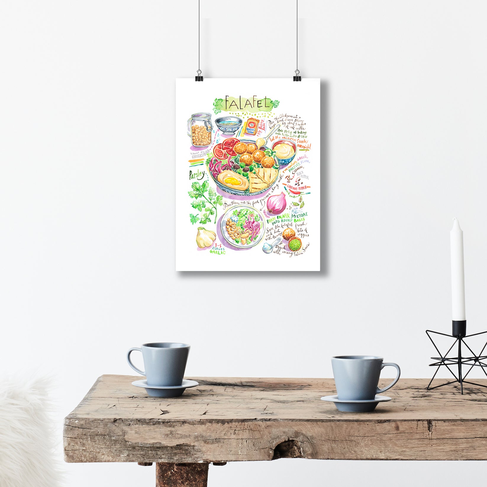 Falafel watercolor recipe poster, Middle-Eastern cuisine print ...