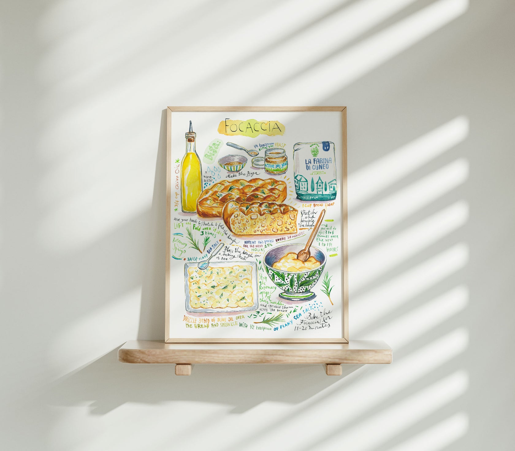 Focaccia Bread watercolor recipe art print, Italian kitchen wall art ...