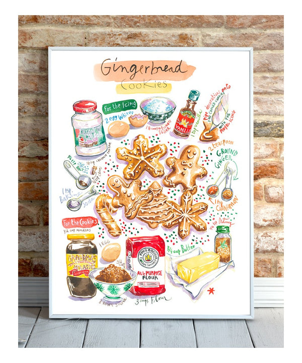 Gingerbread Cookies recipe poster, Christmas watercolor biscuits print ...