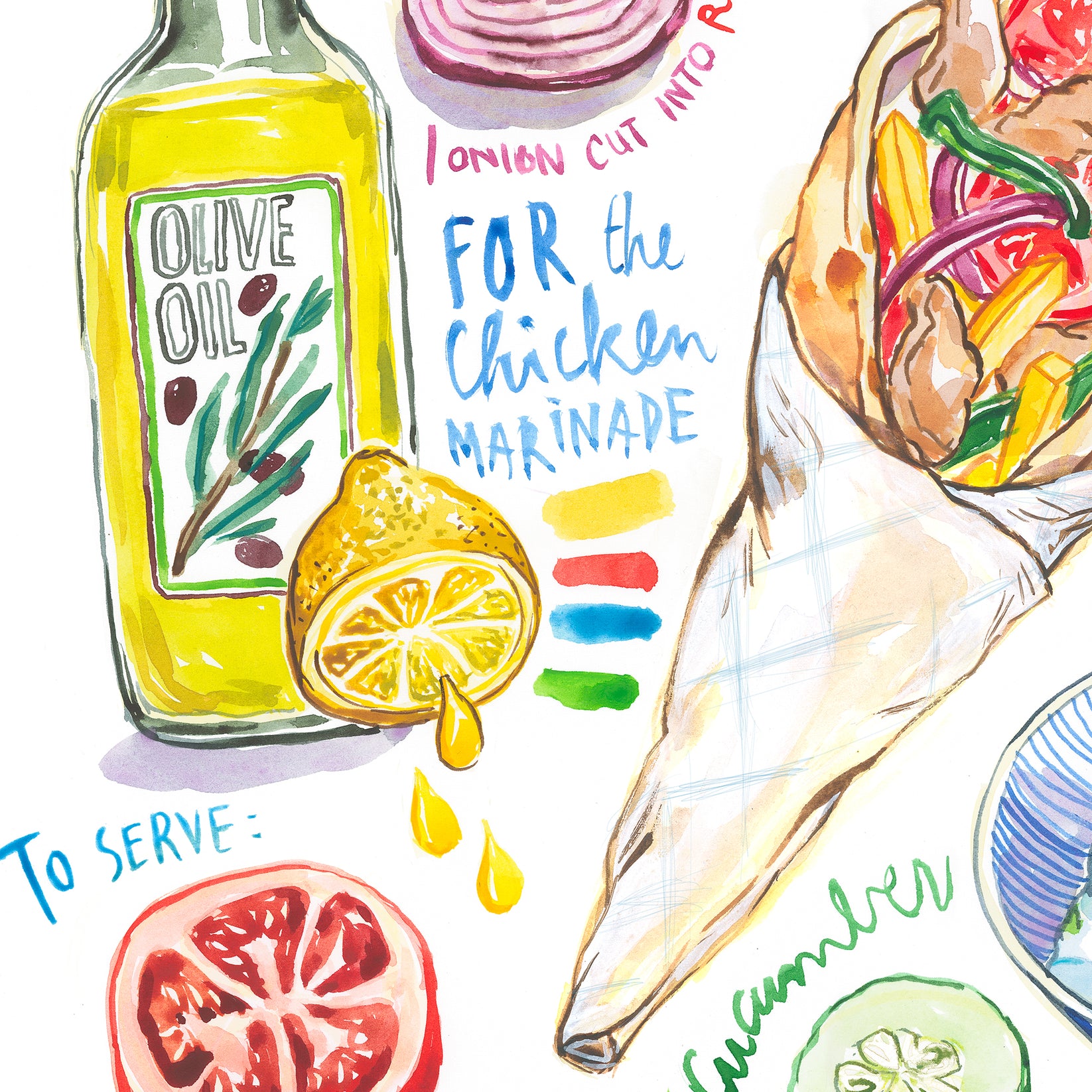 Greek Gyros and Tzatziki watercolor recipe poster, Mediterranean food ...