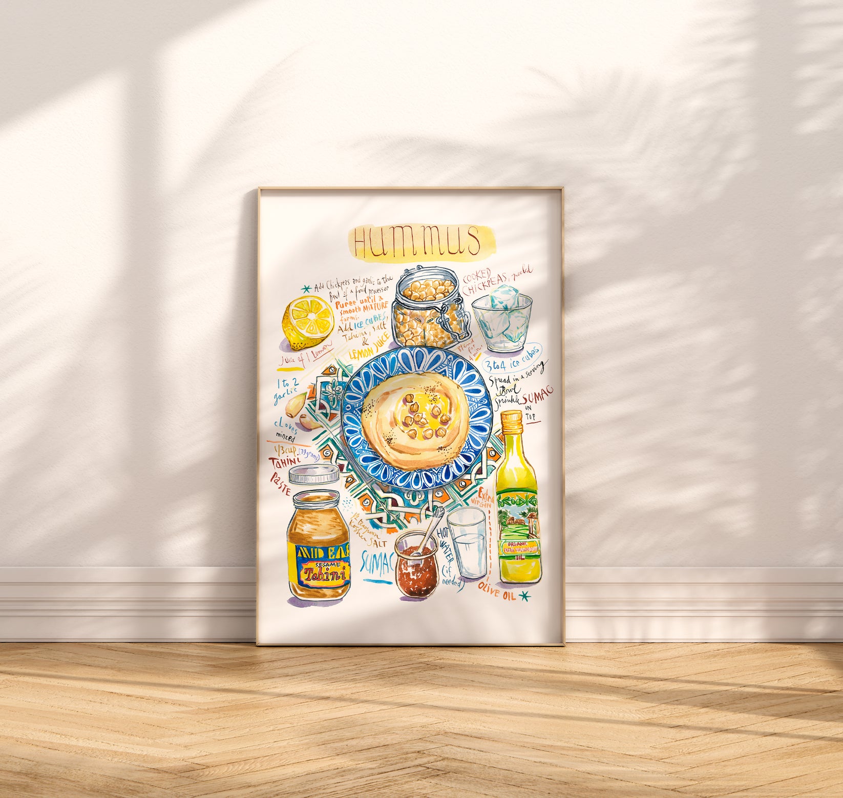 Hummus recipe poster, Watercolor painting, Mediterranean kitchen decor ...