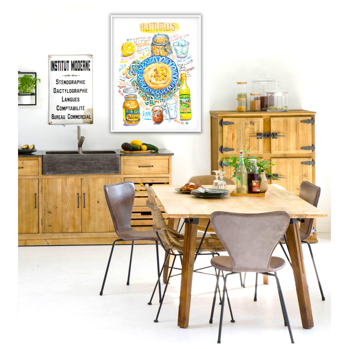 Hummus recipe poster, Watercolor painting, Mediterranean kitchen decor ...