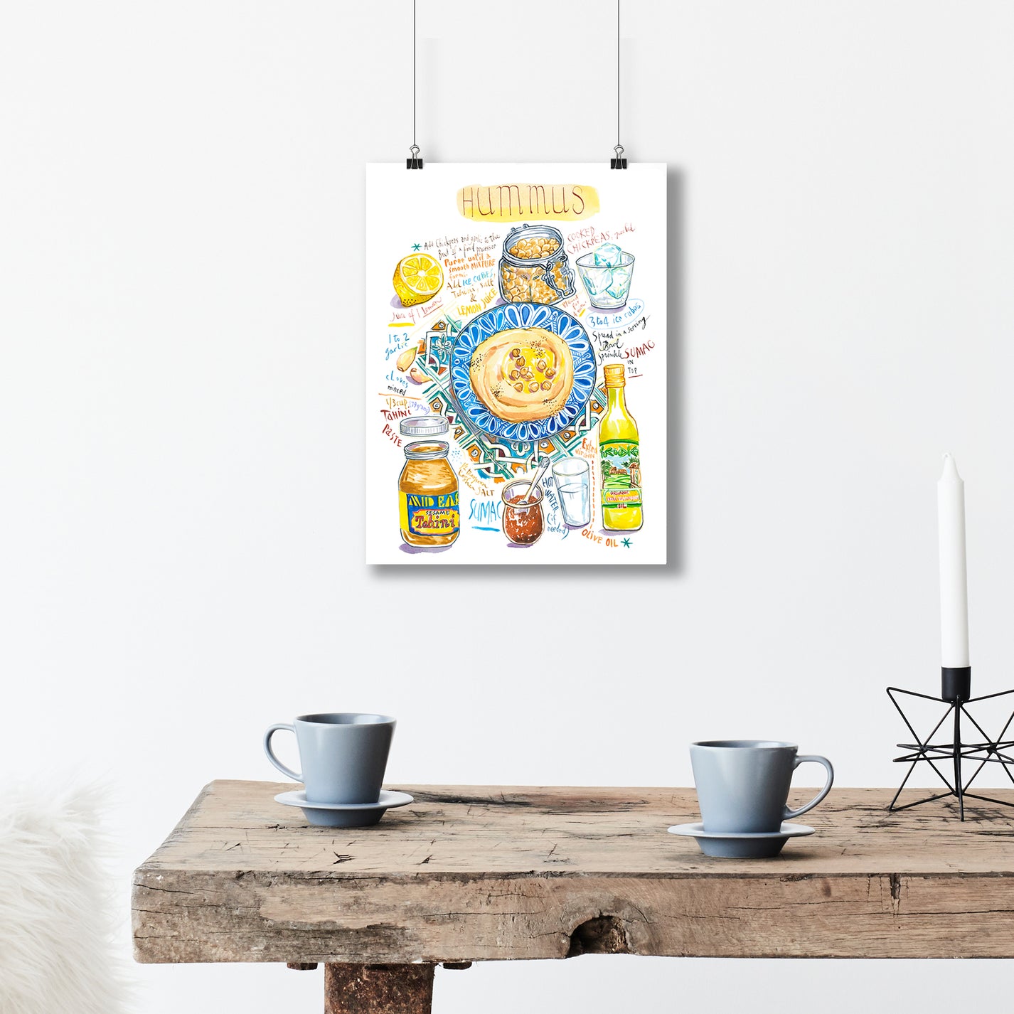 Hummus recipe poster, Watercolor painting, Mediterranean kitchen decor ...