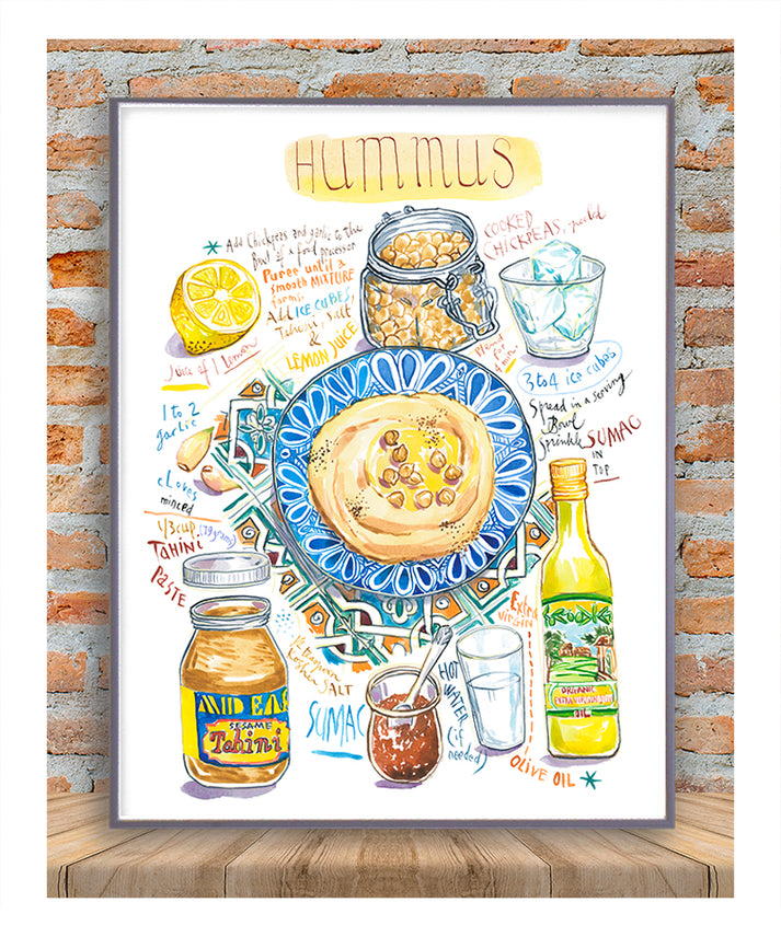 Hummus recipe poster, Watercolor painting, Mediterranean kitchen decor ...