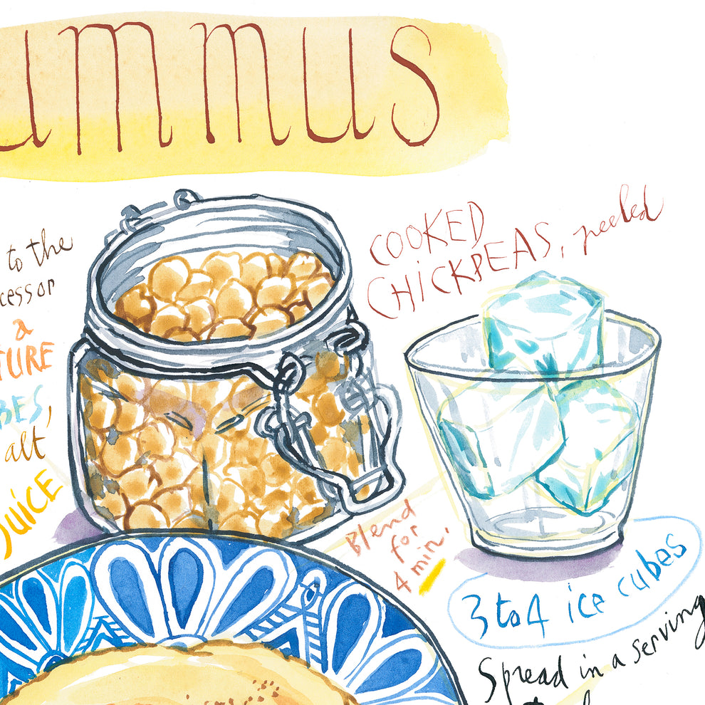 Hummus recipe poster, Watercolor painting, Mediterranean kitchen decor ...
