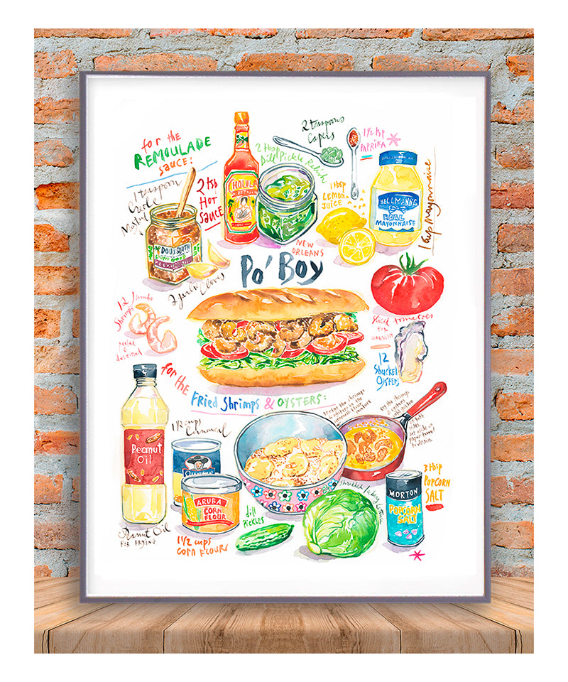 New Orleans Po'Boy recipe art print, Watercolor Louisiana kitchen decor ...