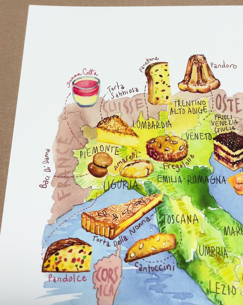 Italian food map poster - Watercolor print of pastries from Italy ...