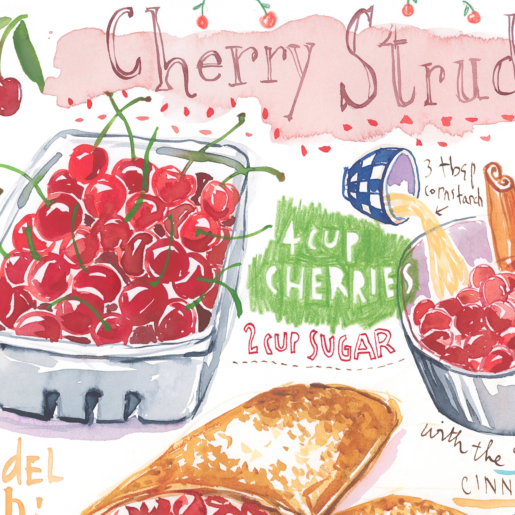 Cherry strudel recipe illustration poster Watercolor Austrian food art ...