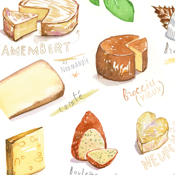 French cheese watercolor illustration poster, Food artwork Kitchen art ...