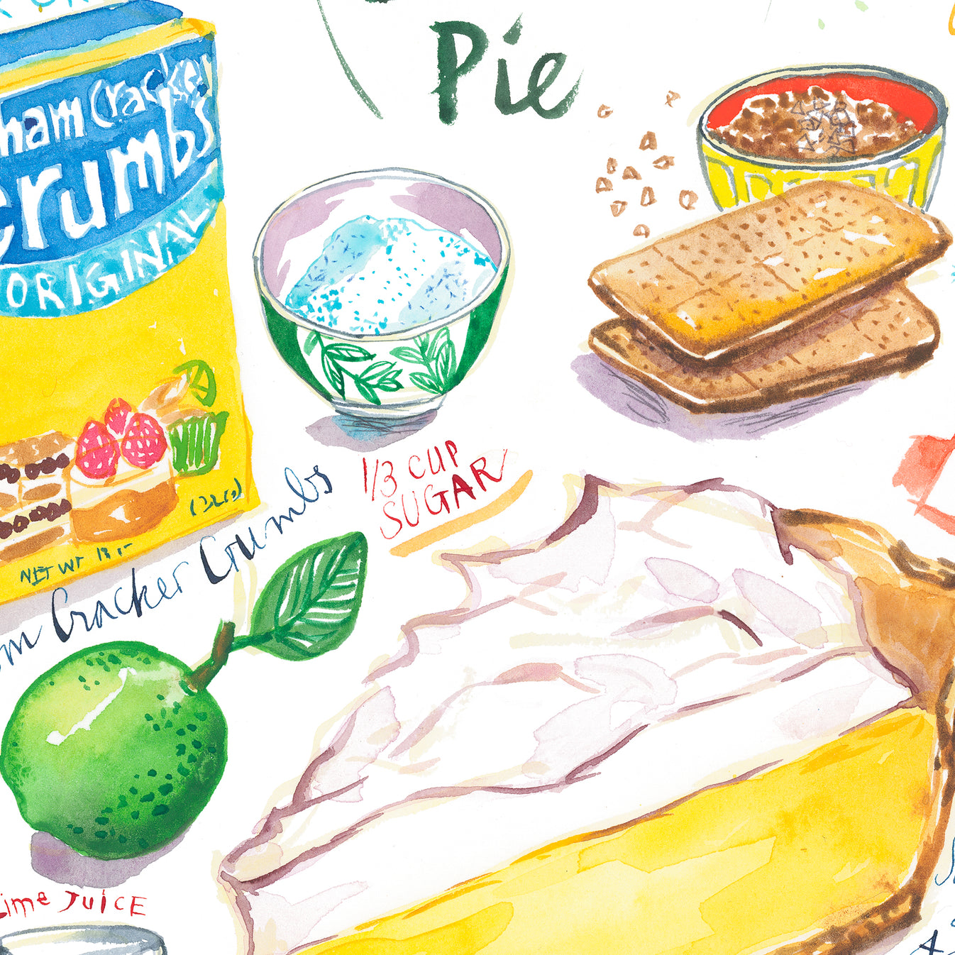 Key Lime Pie recipe watercolor illustration poster, Yellow kitchen art ...