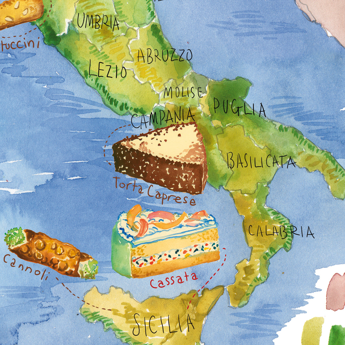Italian food map poster - Watercolor print of pastries from Italy ...