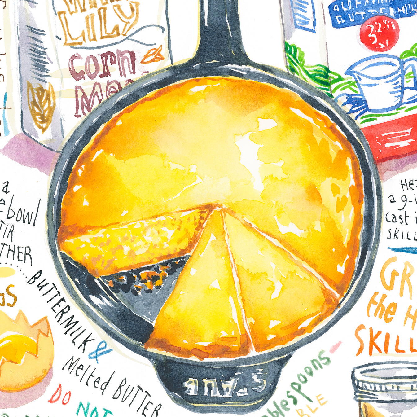 Cornbread recipe poster, Watercolor Southern cuisine wall art print ...