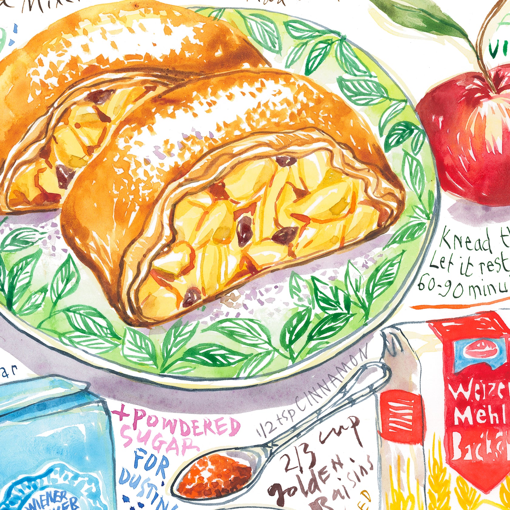 Apple Strudel recipe watercolor poster, German bakery, Austrian pastry ...
