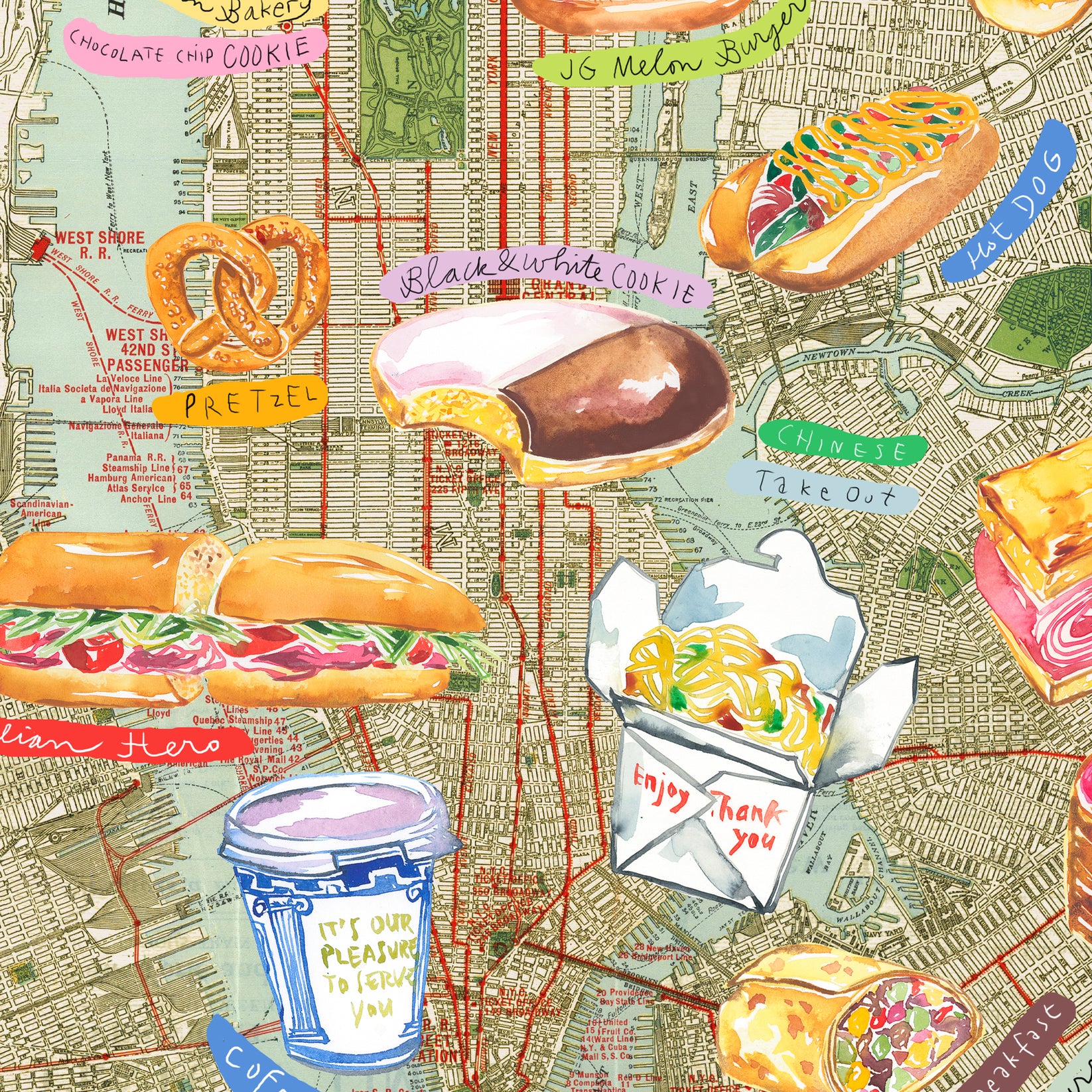 New York City Food Map illustration print, NYC illustrated poster ...