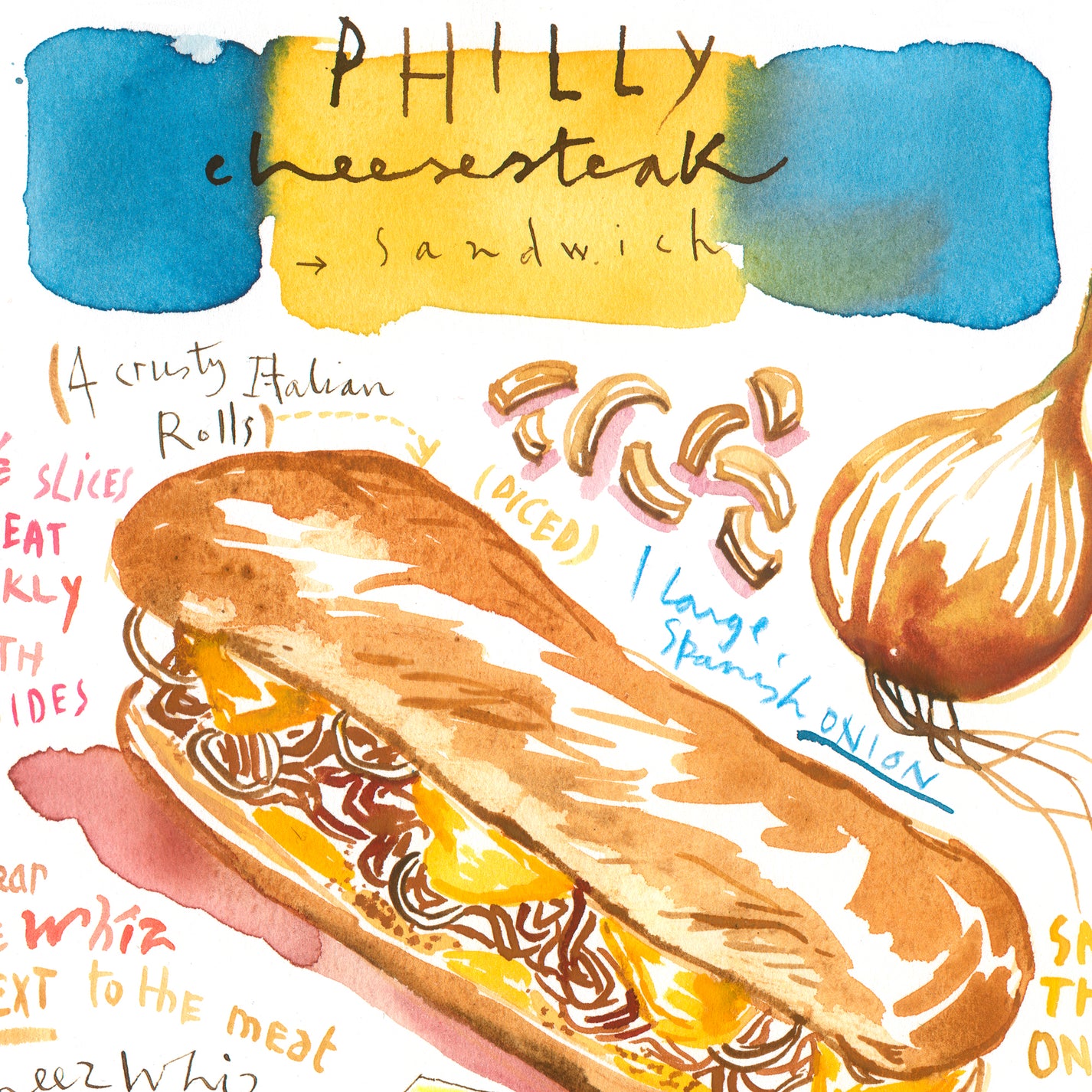 Philly cheesesteak watercolor recipe poster, Philadelphia food print ...