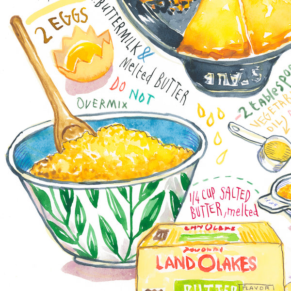 Cornbread recipe poster, Watercolor Southern cuisine wall art print ...