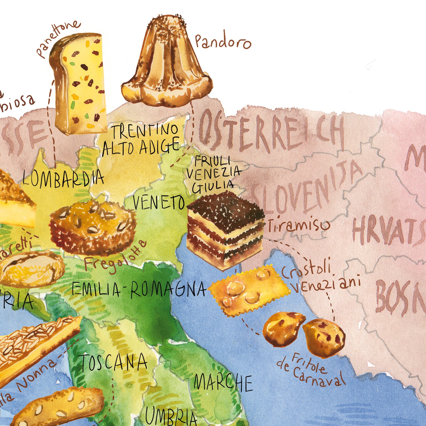 Italian food map poster - Watercolor print of pastries from Italy ...