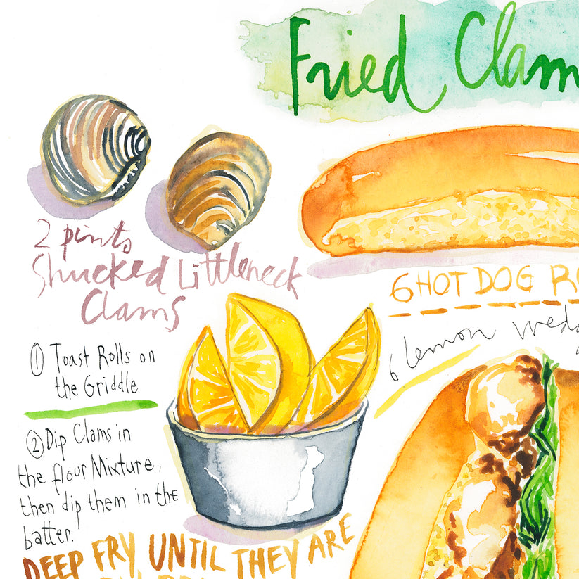 Fried Clam Roll recipe watercolor print, New England seafood sandwich ...