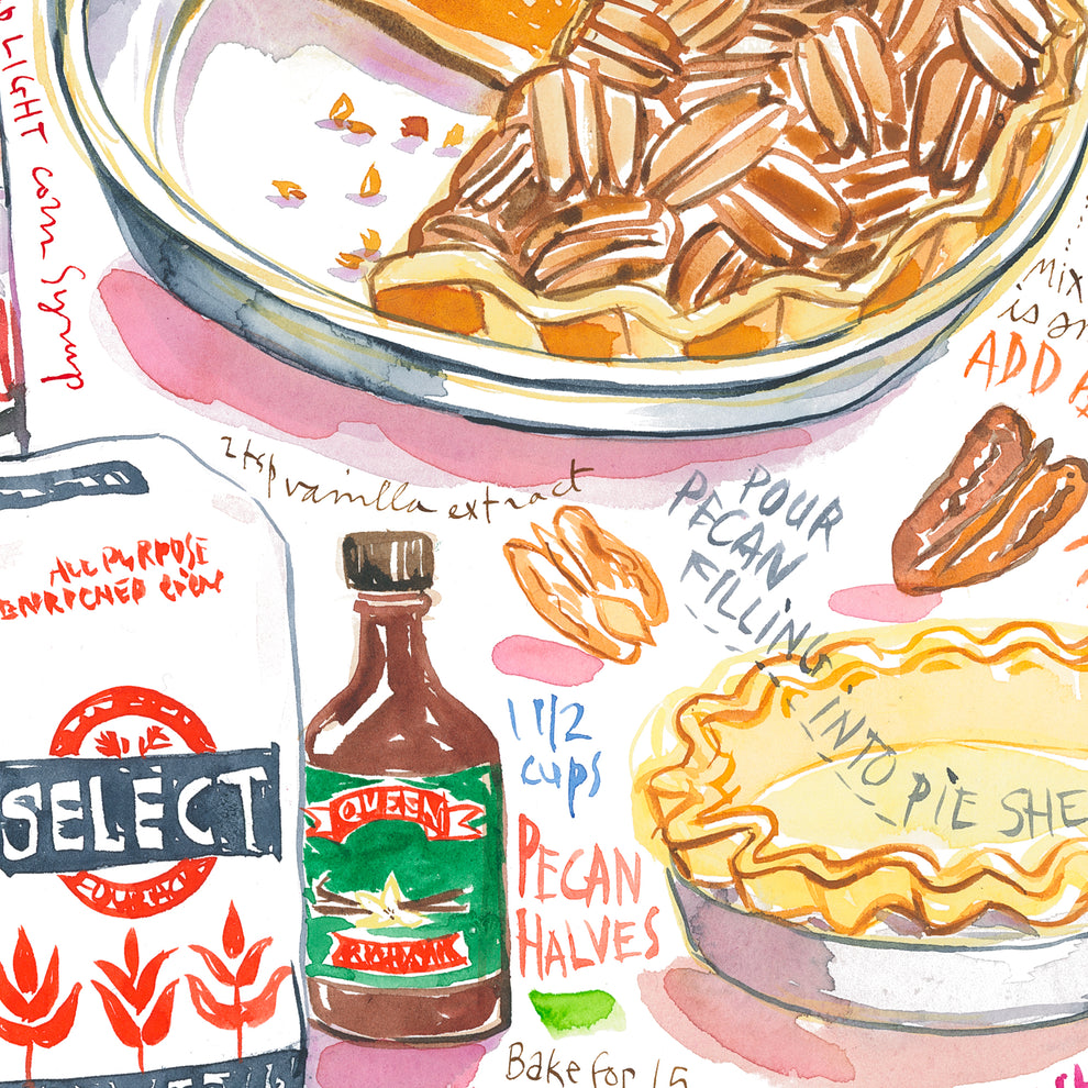Pecan Pie recipe watercolor illustration print Thanksgiving bakery art ...