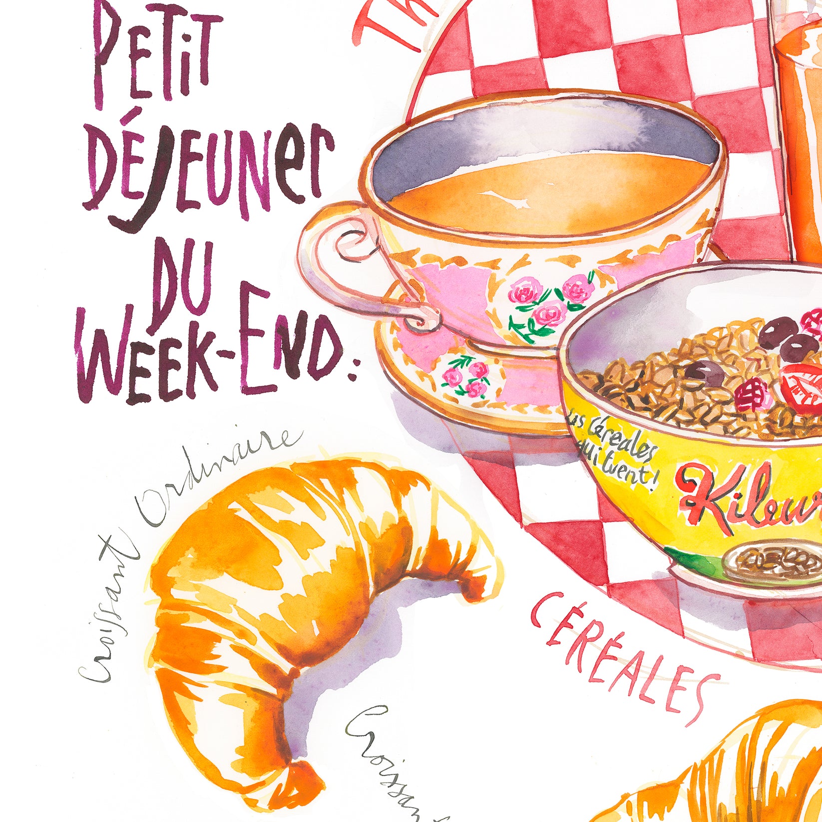 French Breakfast Menu watercolor illustration poster Food in France ...