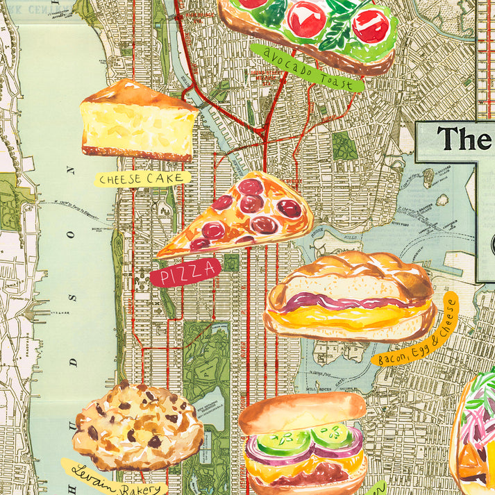 New York City Food Map illustration print, NYC illustrated poster ...