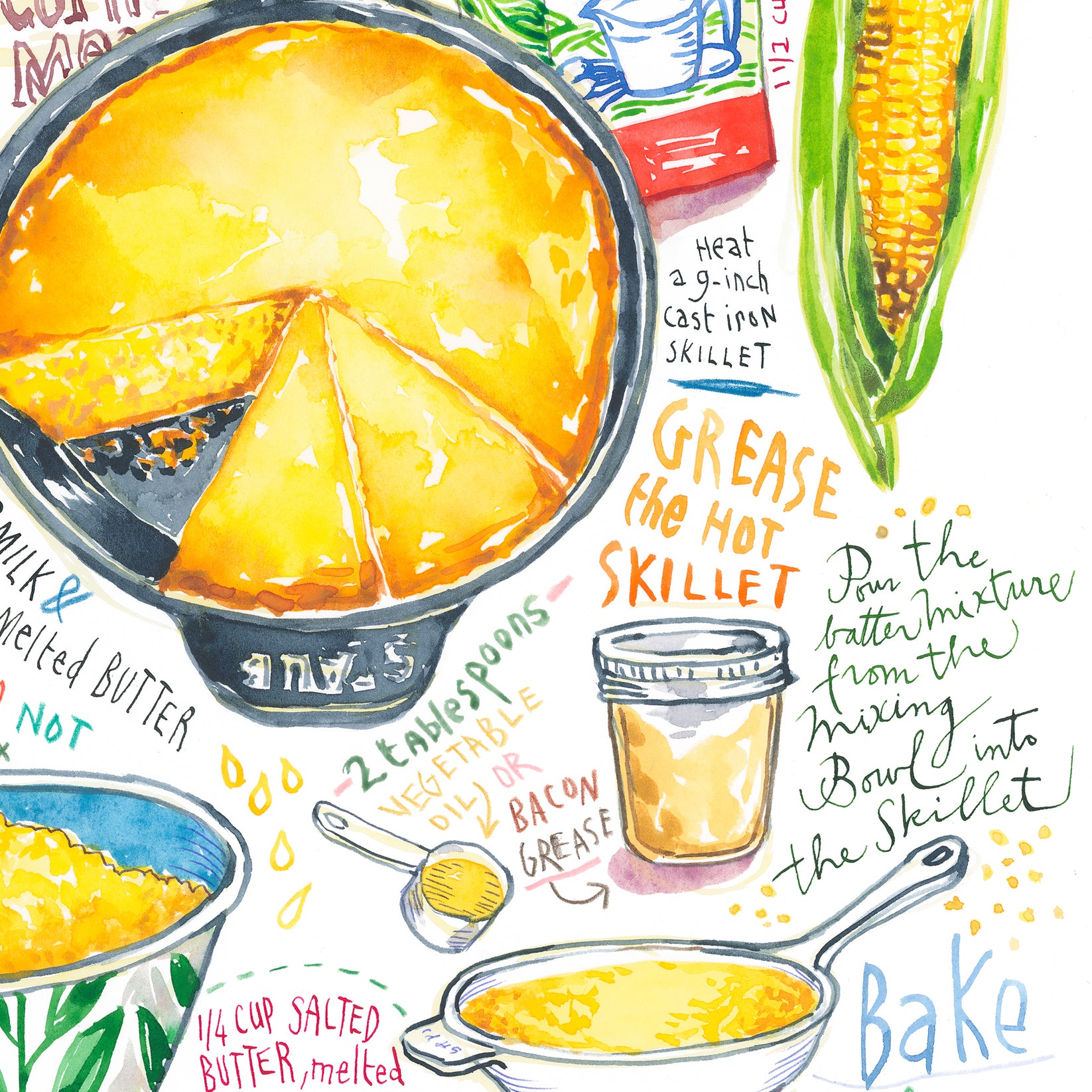 Cornbread recipe poster, Watercolor Southern cuisine wall art print ...