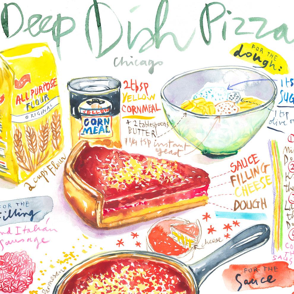 Chicago Style Deep-Dish Pizza recipe, Watercolor Illinois food poster ...