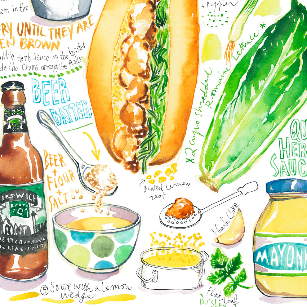 Fried Clam Roll recipe watercolor print, New England seafood sandwich ...