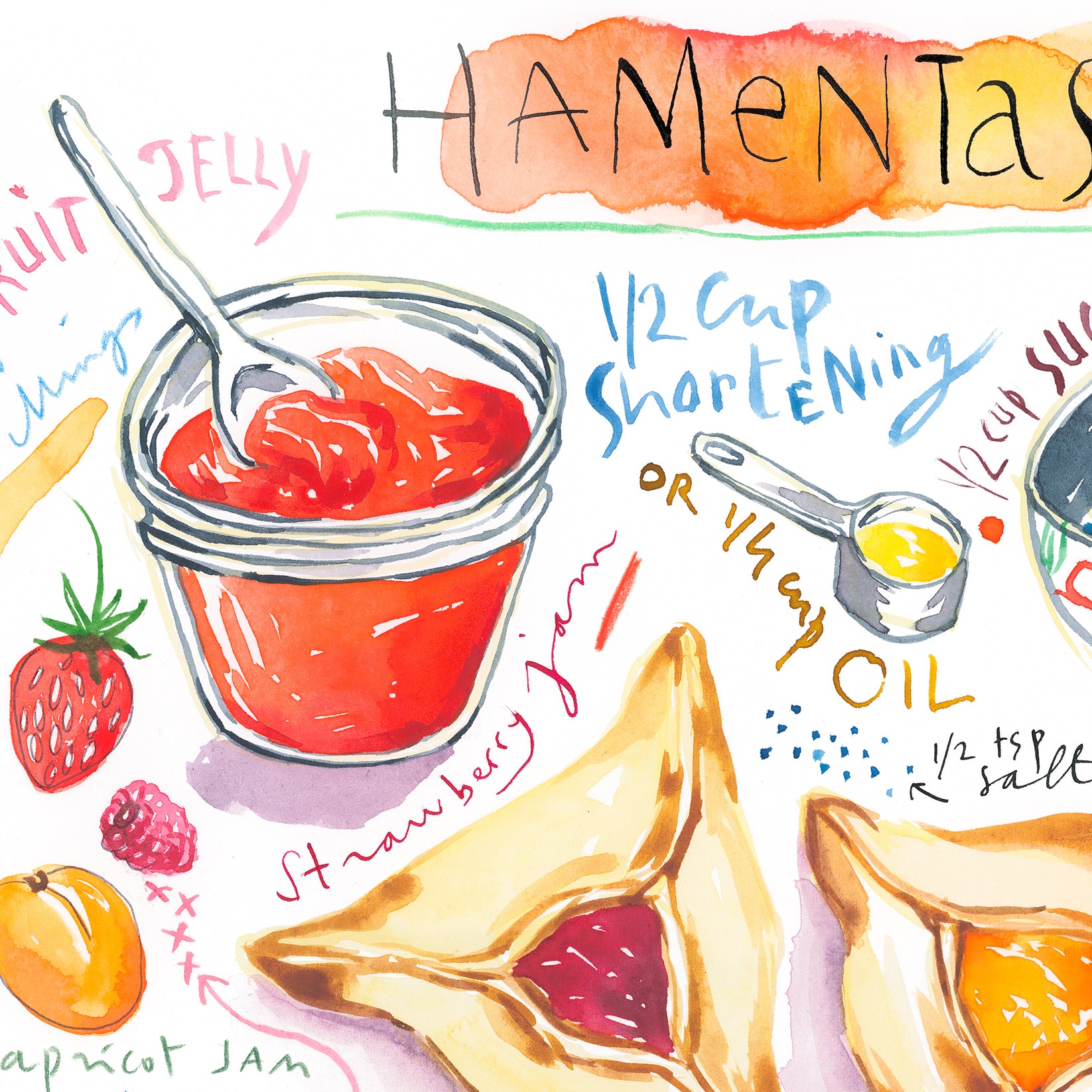 Hamentashen recipe watercolor print, Jewish pastry illustration poster ...