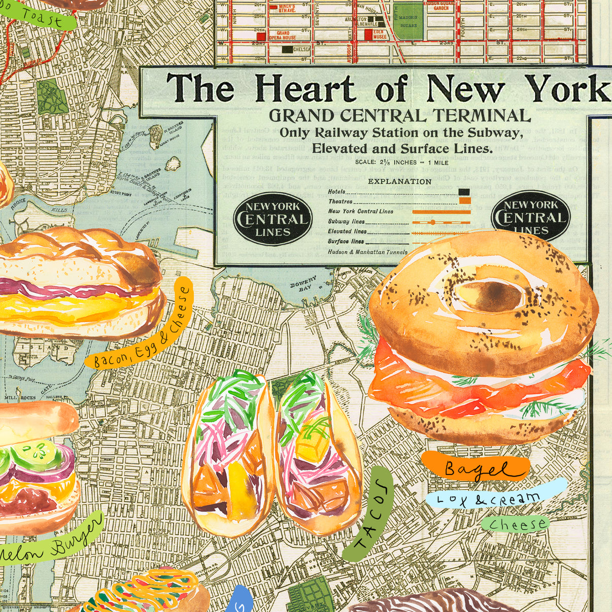 New York City Food Map illustration print, NYC illustrated poster ...