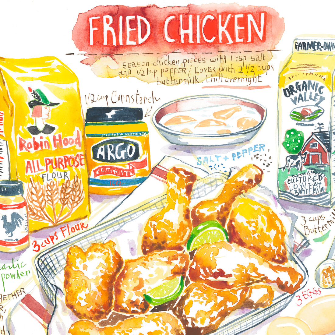 Fried Chicken recipe poster, Southern food watercolor illustration ...
