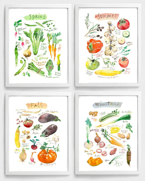 Seasonal vegetable print set watercolor veggie posters 4 seasons art ...