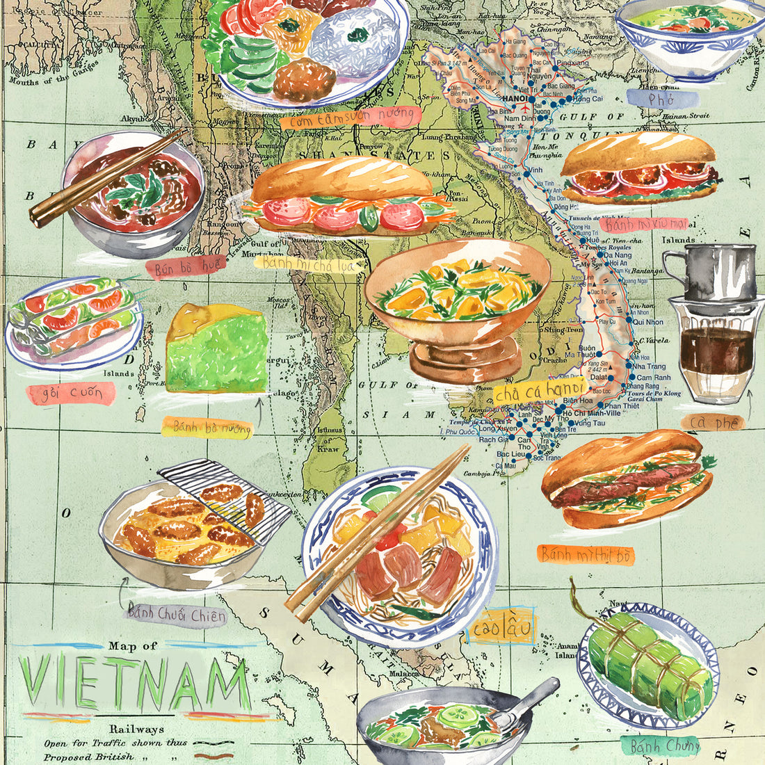 Vietnamese food map Vietnam cuisine illustration poster Asian wall art ...