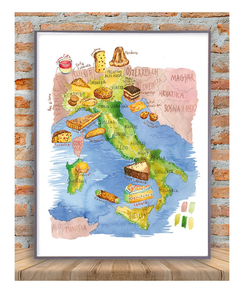 Italian food map poster - Watercolor print of pastries from Italy ...