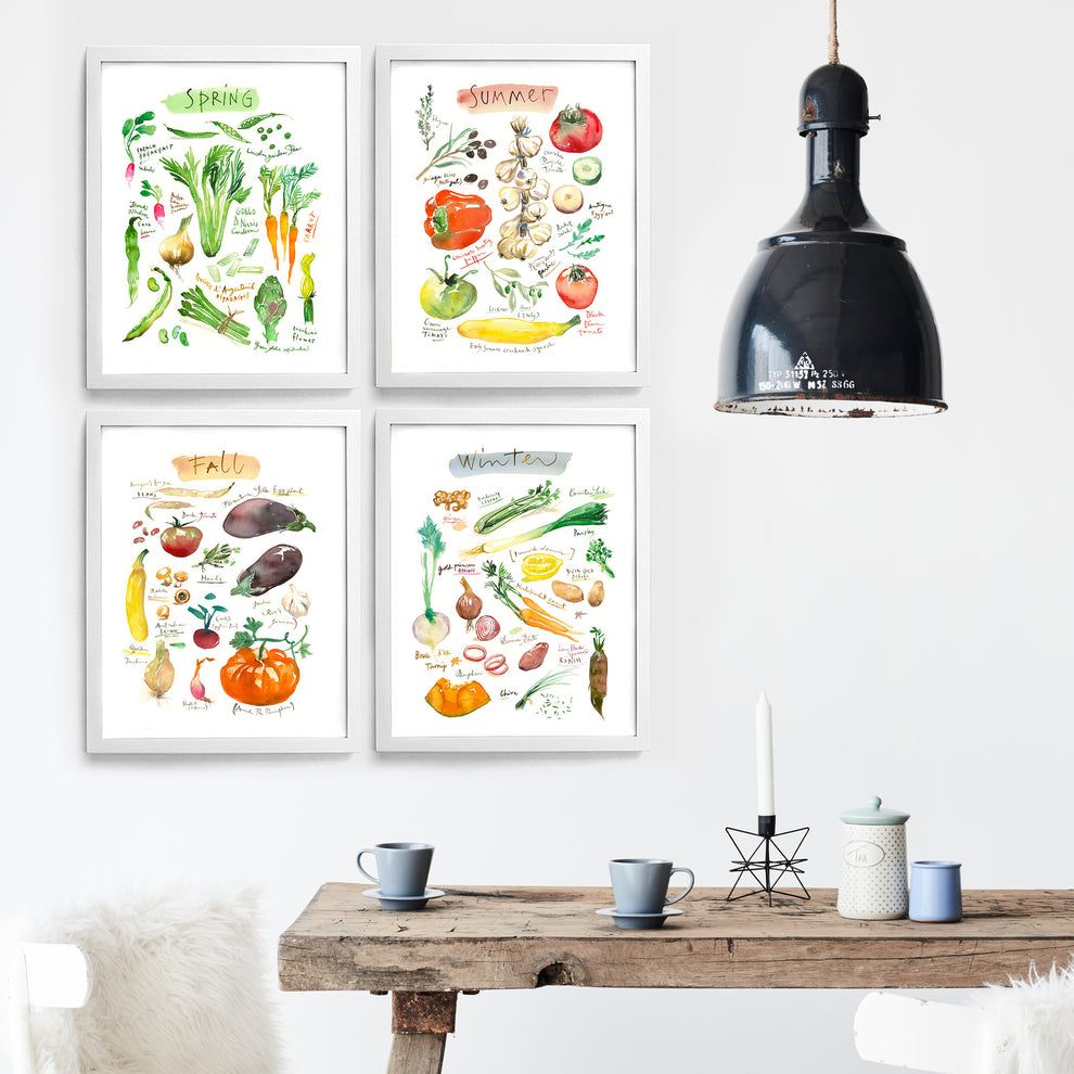 Seasonal vegetable print set watercolor veggie posters 4 seasons art ...