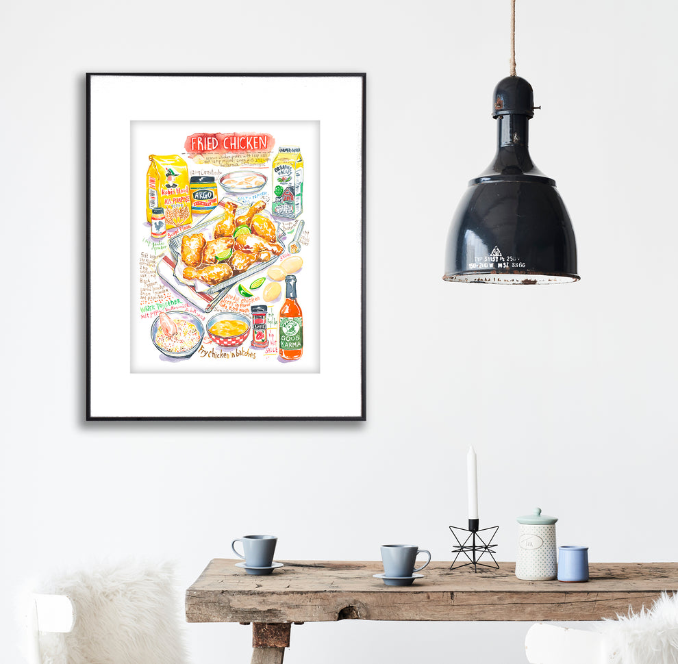 Fried Chicken recipe poster, Southern food watercolor illustration ...