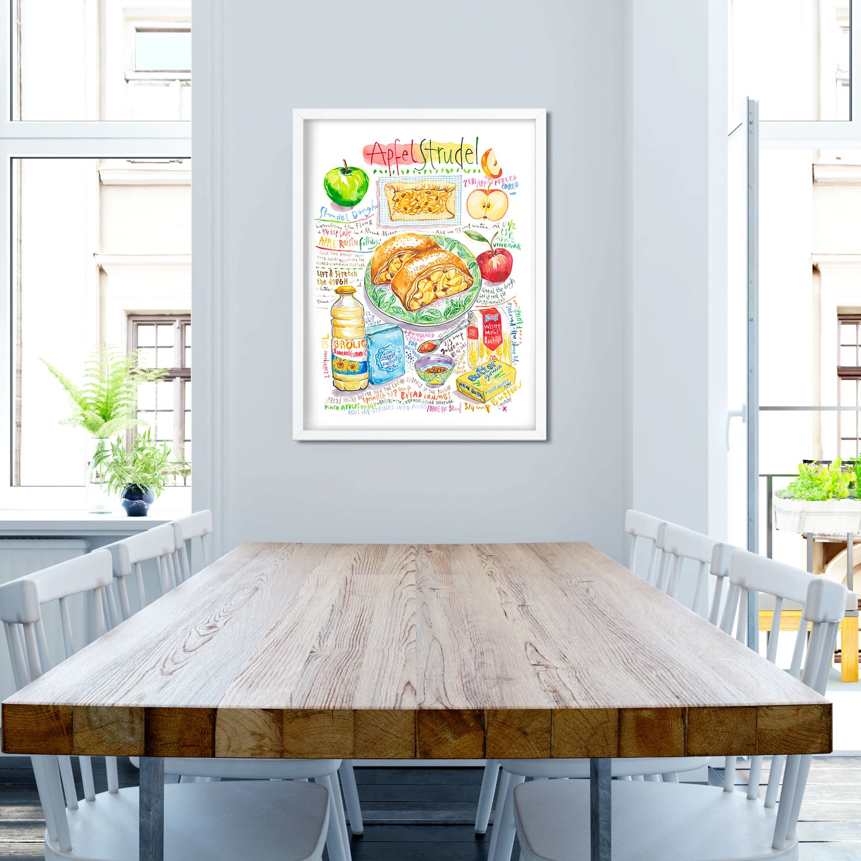 Apple Strudel recipe watercolor poster, German bakery, Austrian pastry ...